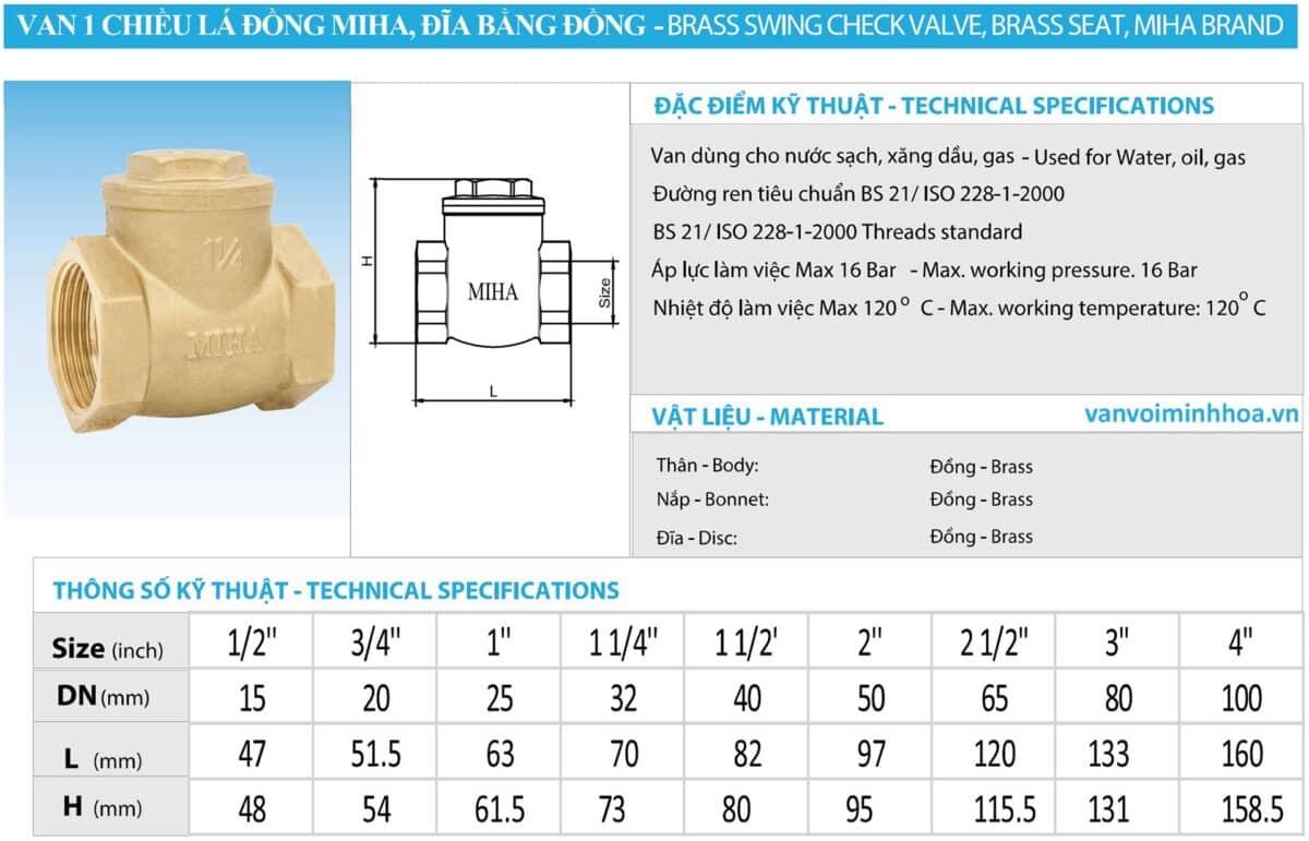 Van 1 Chiều đồng Lá Lật Phi 60 DN50 MIHA Chính Hãng, Rẻ