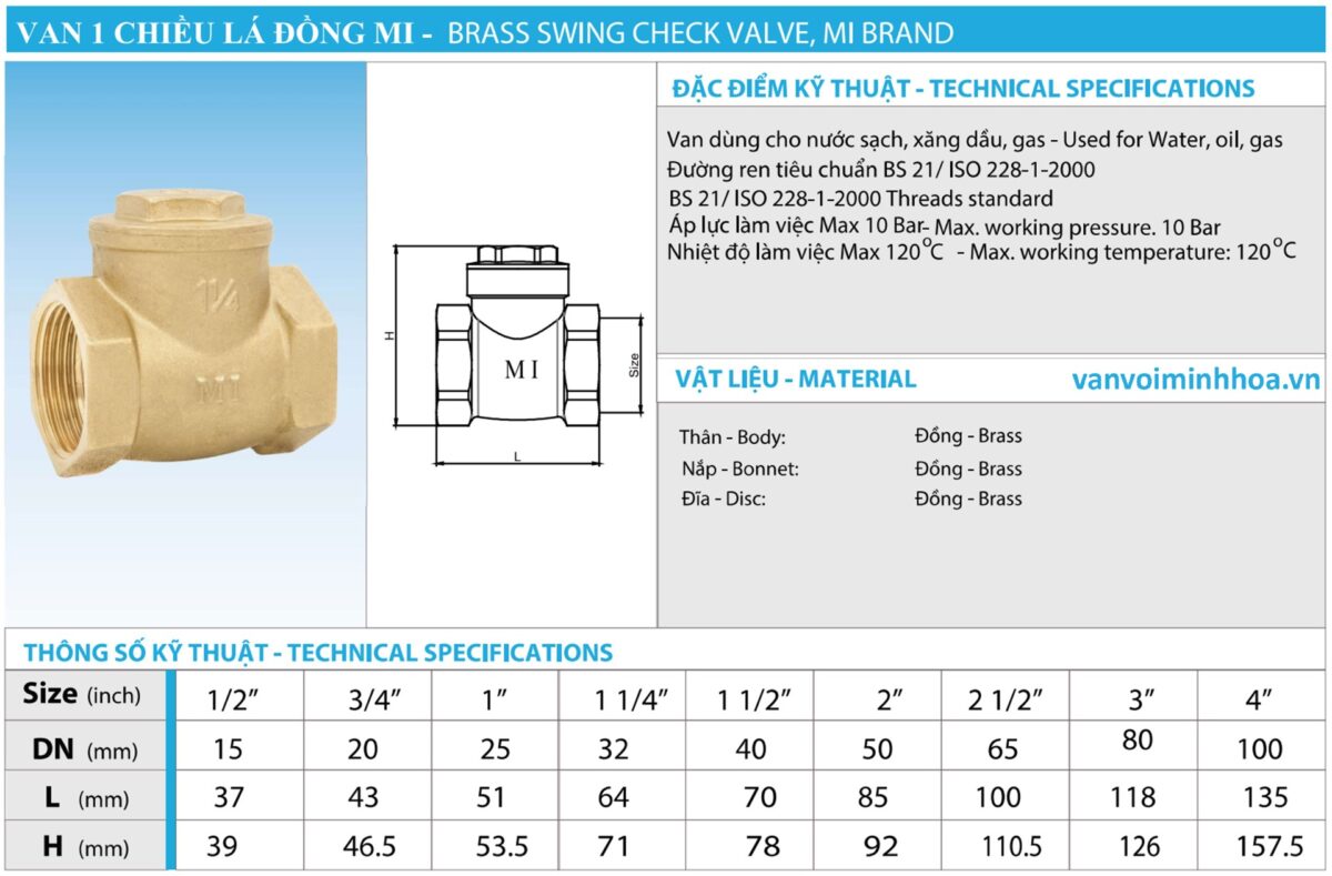 Van 1 Chiều Lá Lật đồng Phi 42 DN32 MI - Van Vòi Minh Hòa