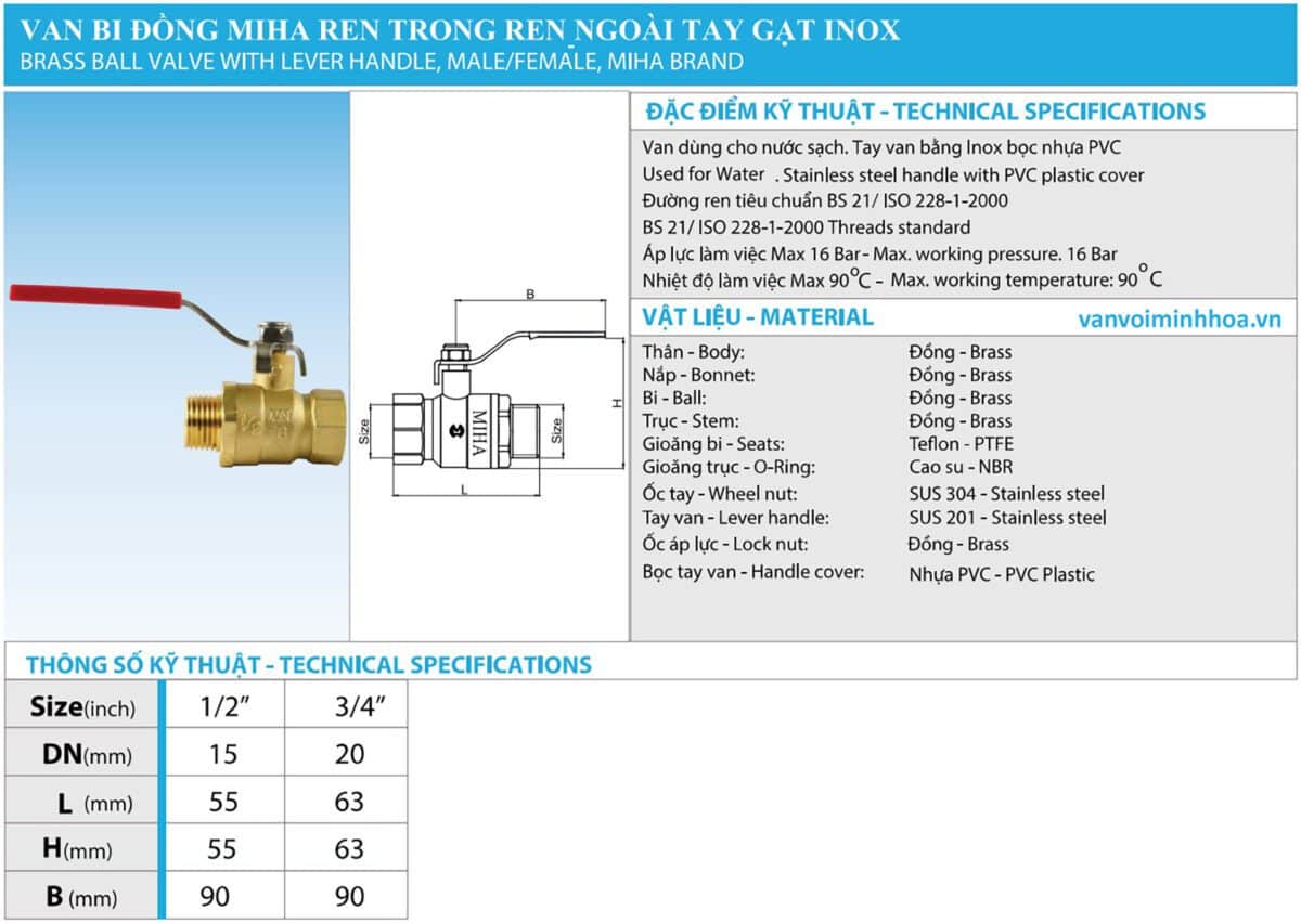 Van Bi đồng MIHA Ren Trong Ren Ngoài Tay Gạt Phi 27 DN20 | Chính Hãng Minh Hòa